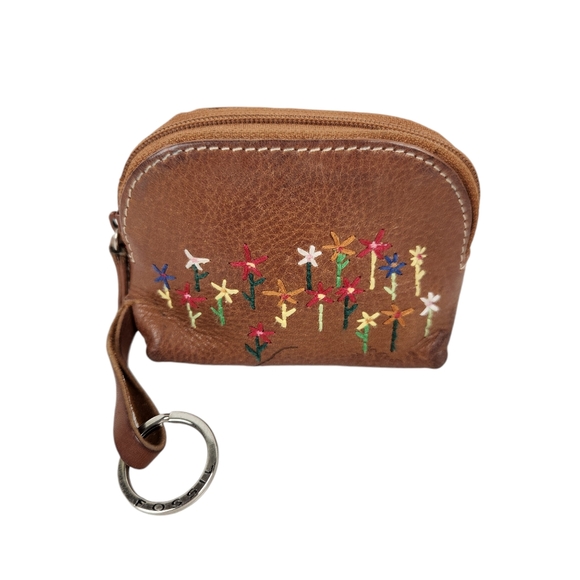 Fossil | Bags | Fossil Brown Leather Floral Embroidered Zip Up Coin ...